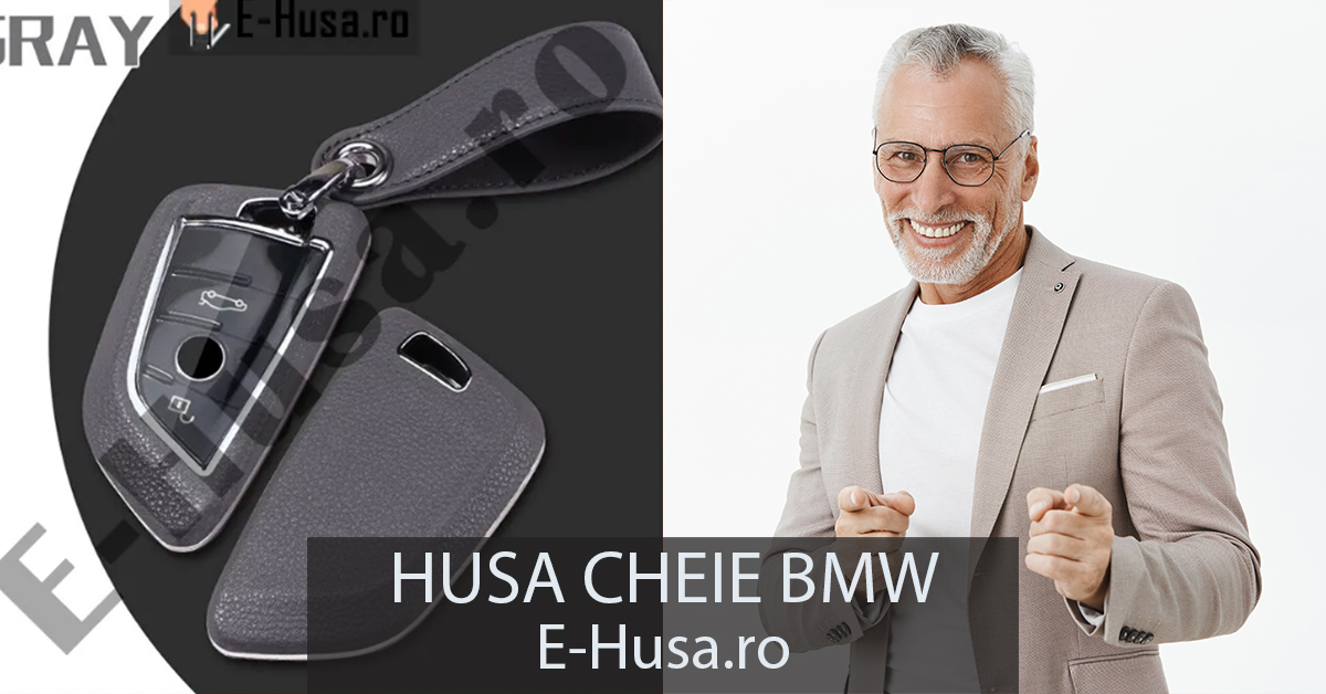 Husa Cheie Auto BMW Grey Luxury Leather Seria 5/7/8 si X1-7